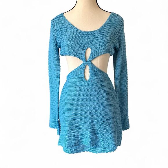 Dresses | Womens Blue Crochet Cut Out Knit Mini Dress S Beach Vacation ...